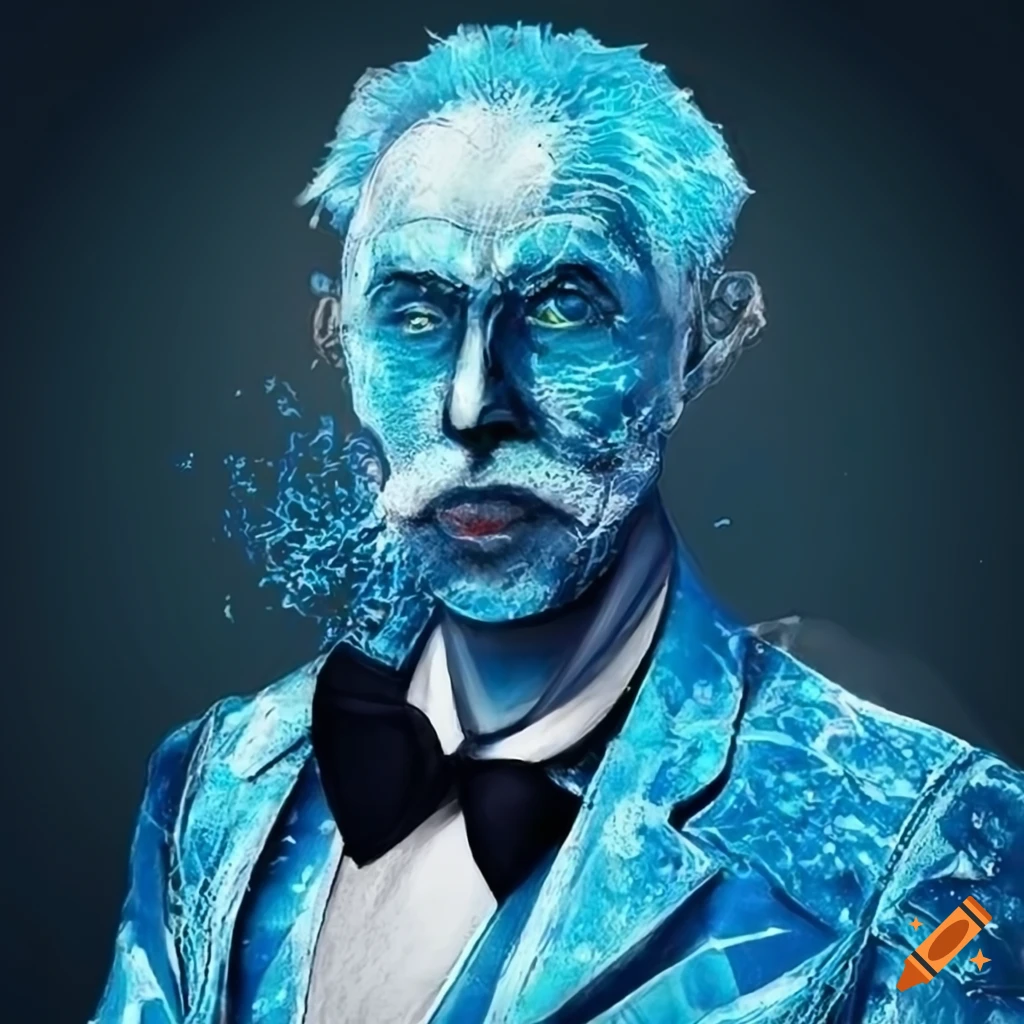 Scratchy art of a black and blue ice man in a suit on Craiyon