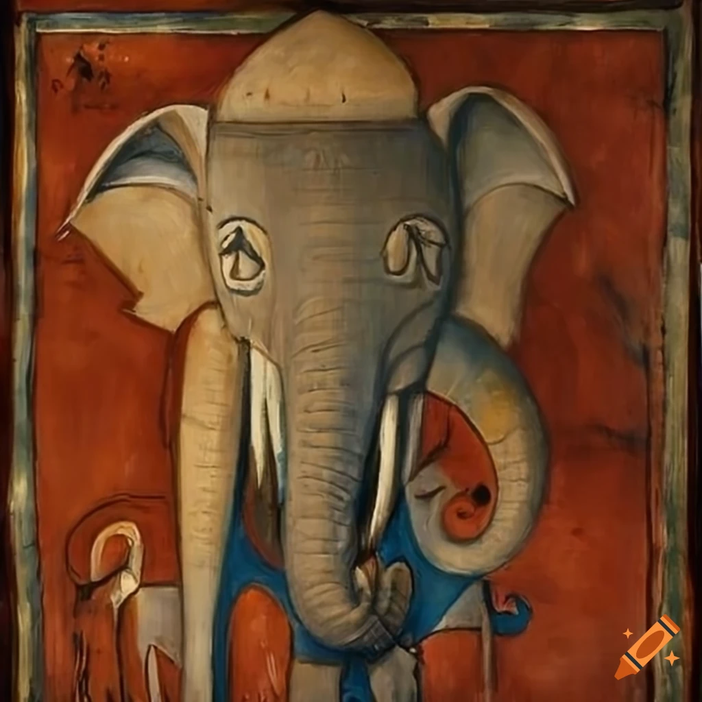 Medieval painting of a picasso-style elephant near a tree on Craiyon
