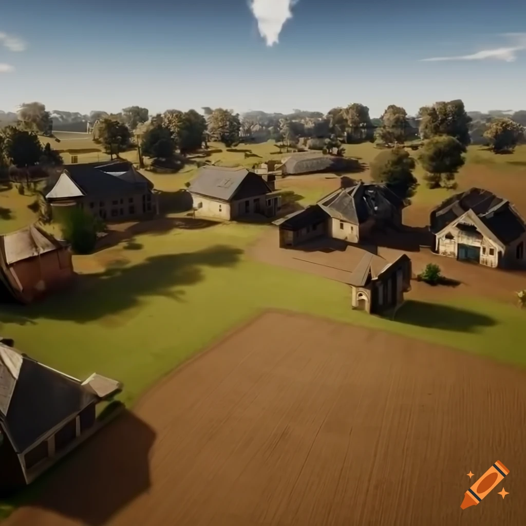 Aerial view of grassland farm fields with a sci-fi village square in ...