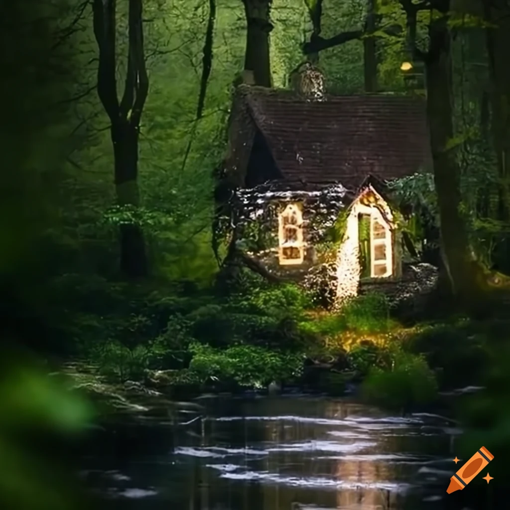 Enchanted forest cottage with glowing windows and fireflies on Craiyon