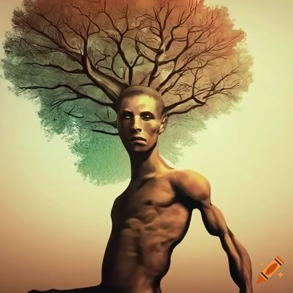 Surreal illustration of elon musk fused with an oak tree radiating ...