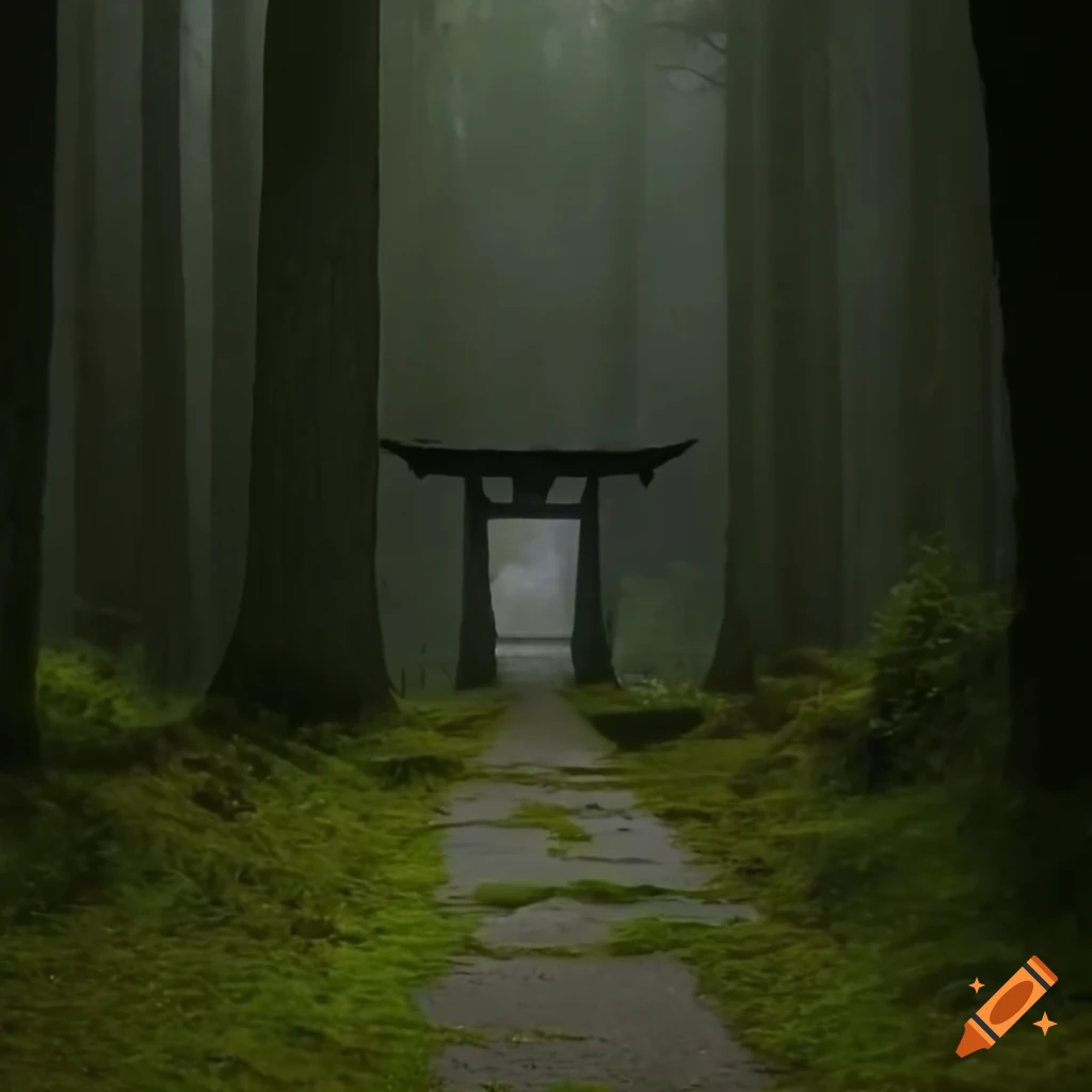 Lonely torii gate in a dark, scary forest with stone steps on Craiyon