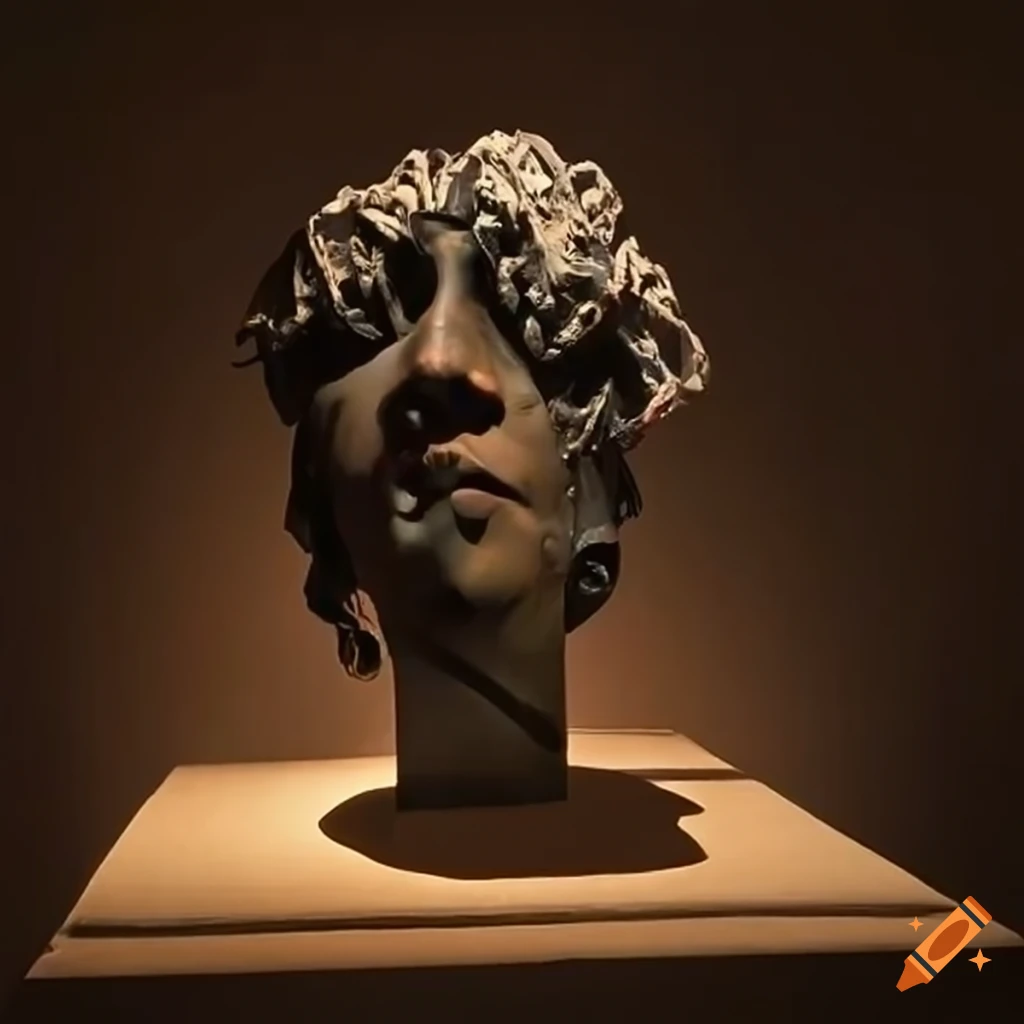 Evening art show with sculptures and live music performance on Craiyon