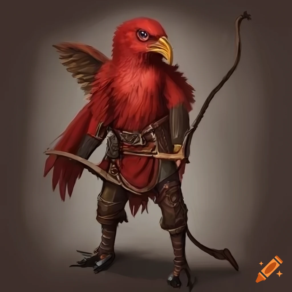Hyper realistic red bird person archer in a fantasy setting on Craiyon