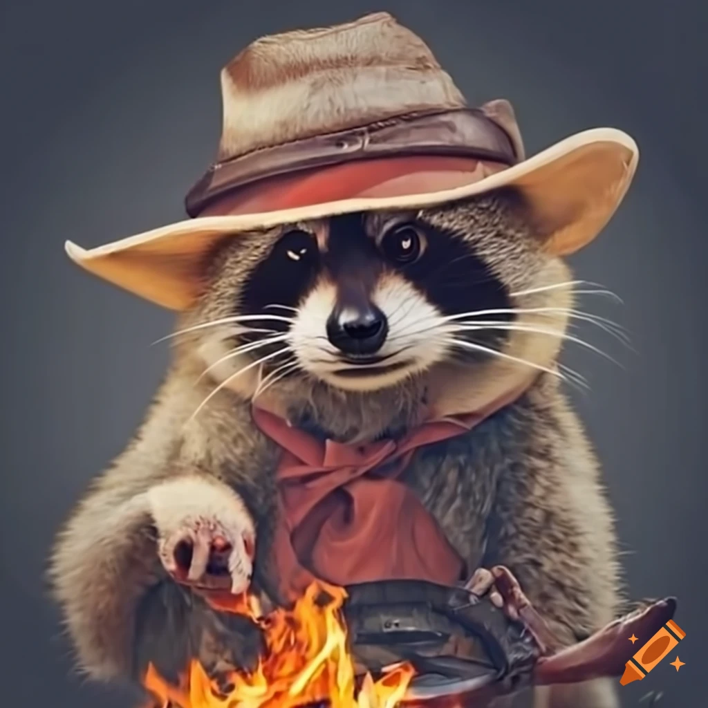 Raccoon in cowboy outfit cooking over a campfire on Craiyon