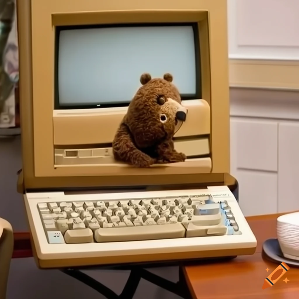 Bear sitting on a chair typing on a classic macintosh computer on Craiyon