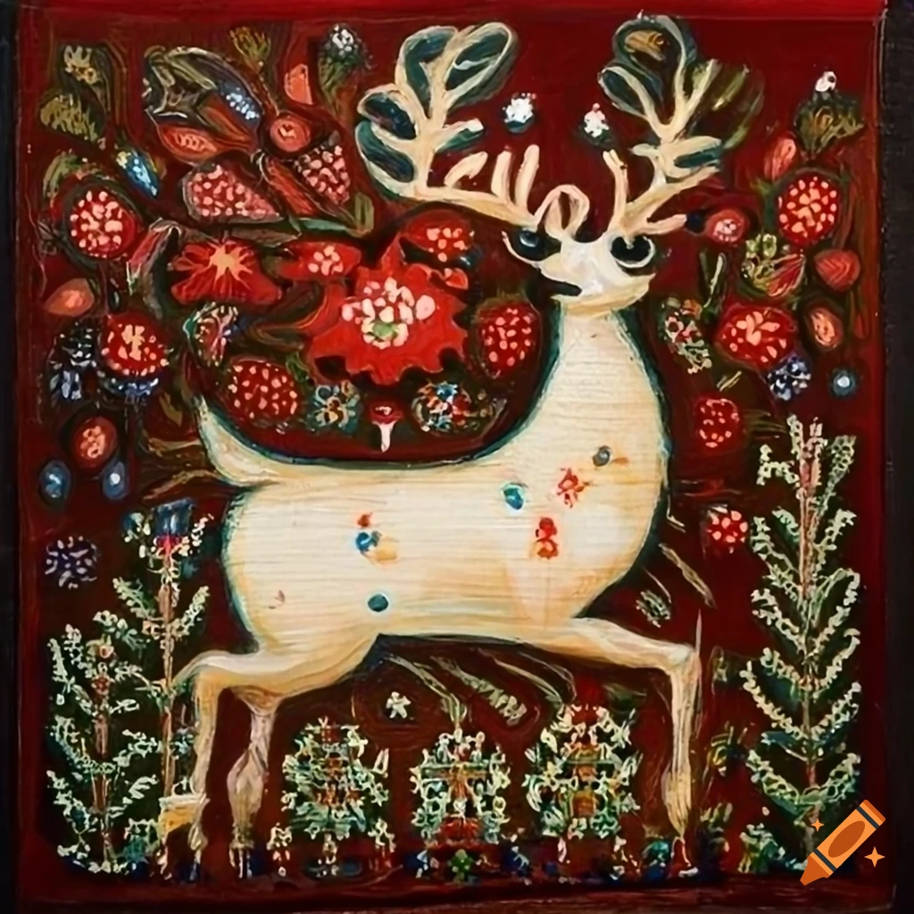 Vintage norwegian folk art painting with reindeer on Craiyon