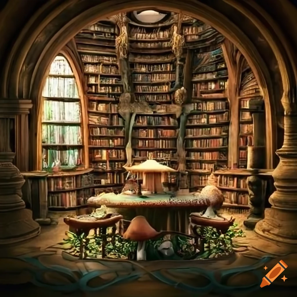 Enchanting fantasy library with plants and mushrooms inside on Craiyon