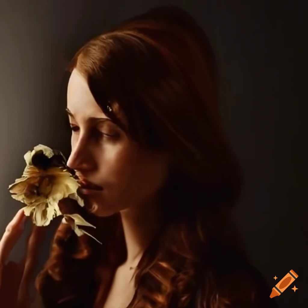 Modern woman in her thirties holding a dead flower in da vinci style ...