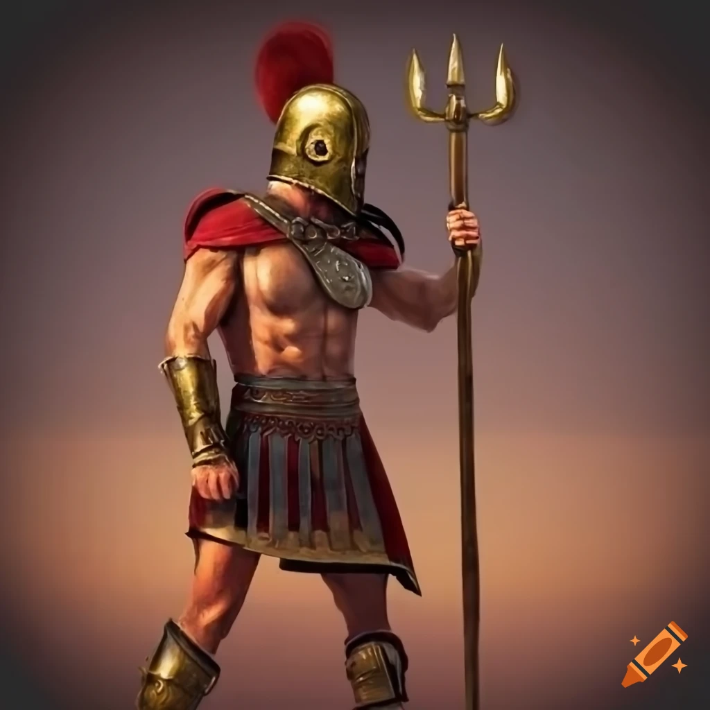 Roman gladiator in battle with trident and armor on Craiyon