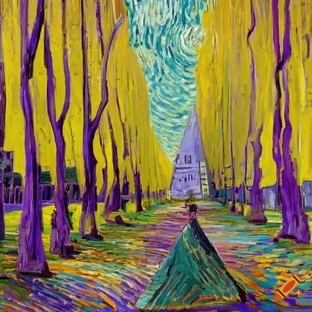 Avenue with pyramidal poplars in yellow, white, purple, and black - van gogh style painting on ...