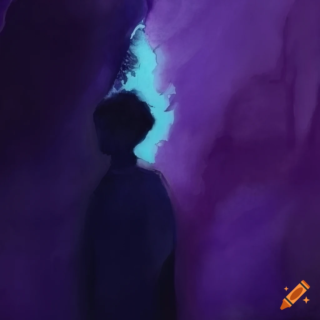 Man fading into shadows with purple accents in soft watercolor art on ...