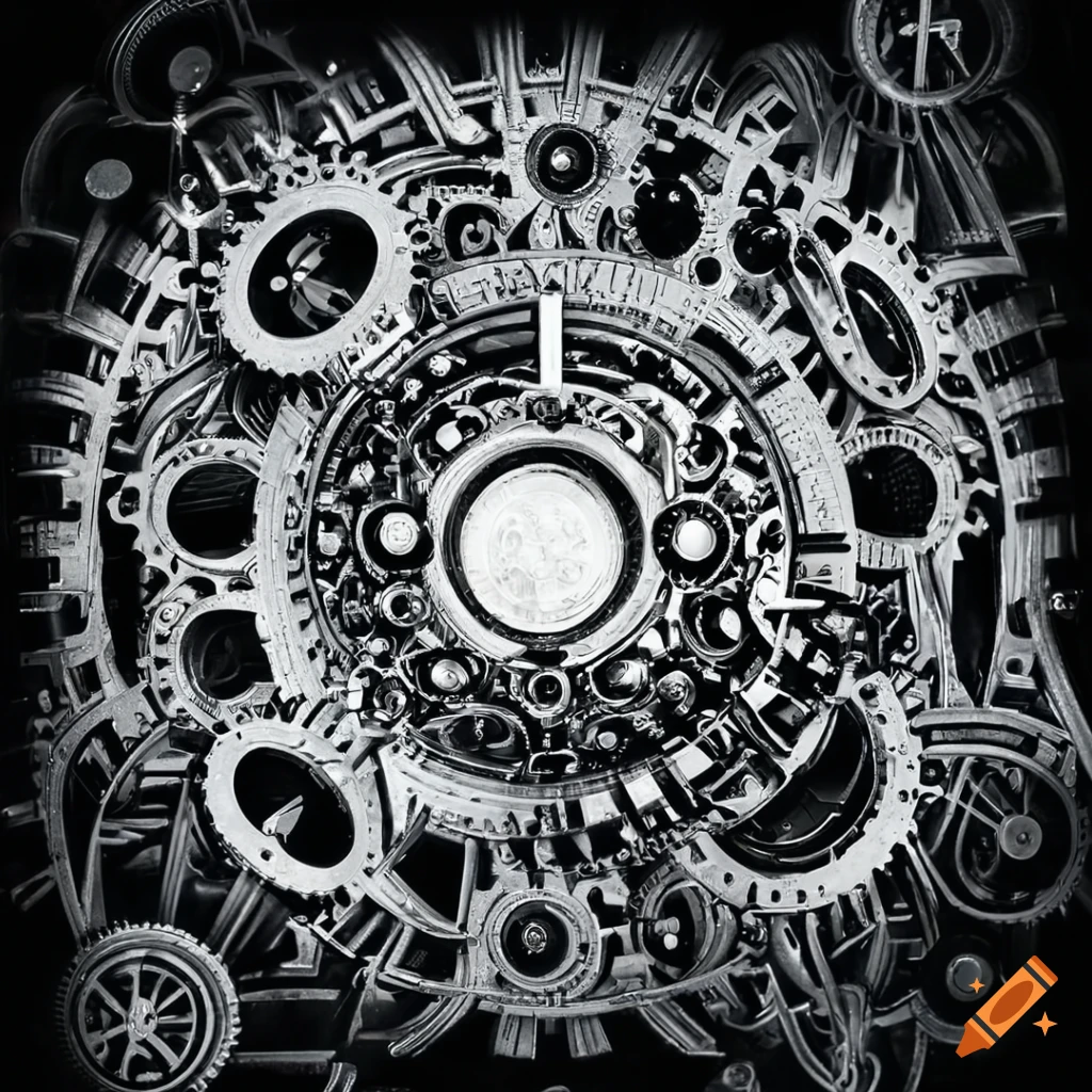 Close-up of intricately designed steampunk machine with twisted gears ...