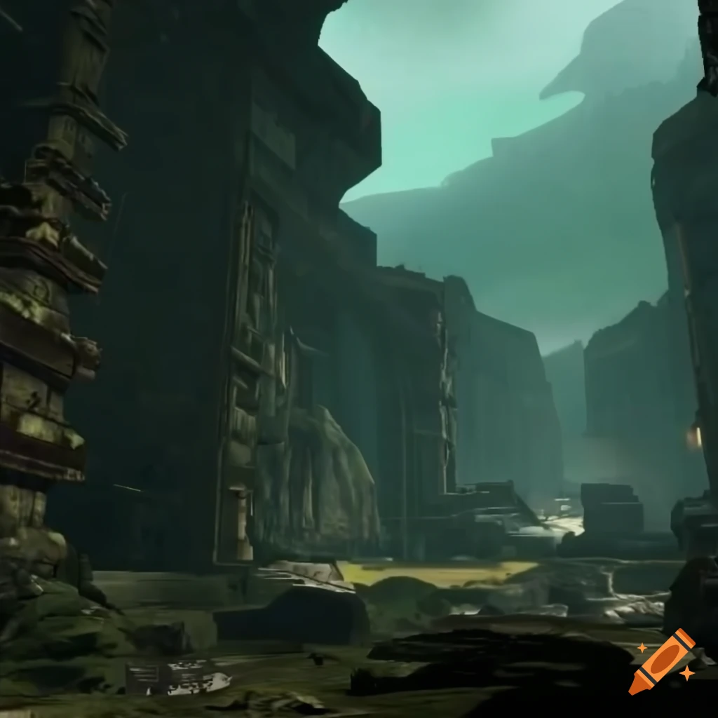 High-definition scene of UNSC forces exploring an ancient Forerunner ...