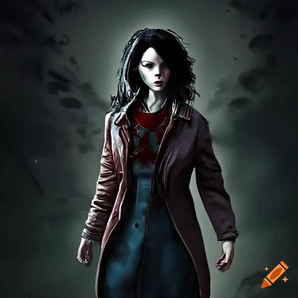 Full body pose of a female supernatural investigator in a dark and ...