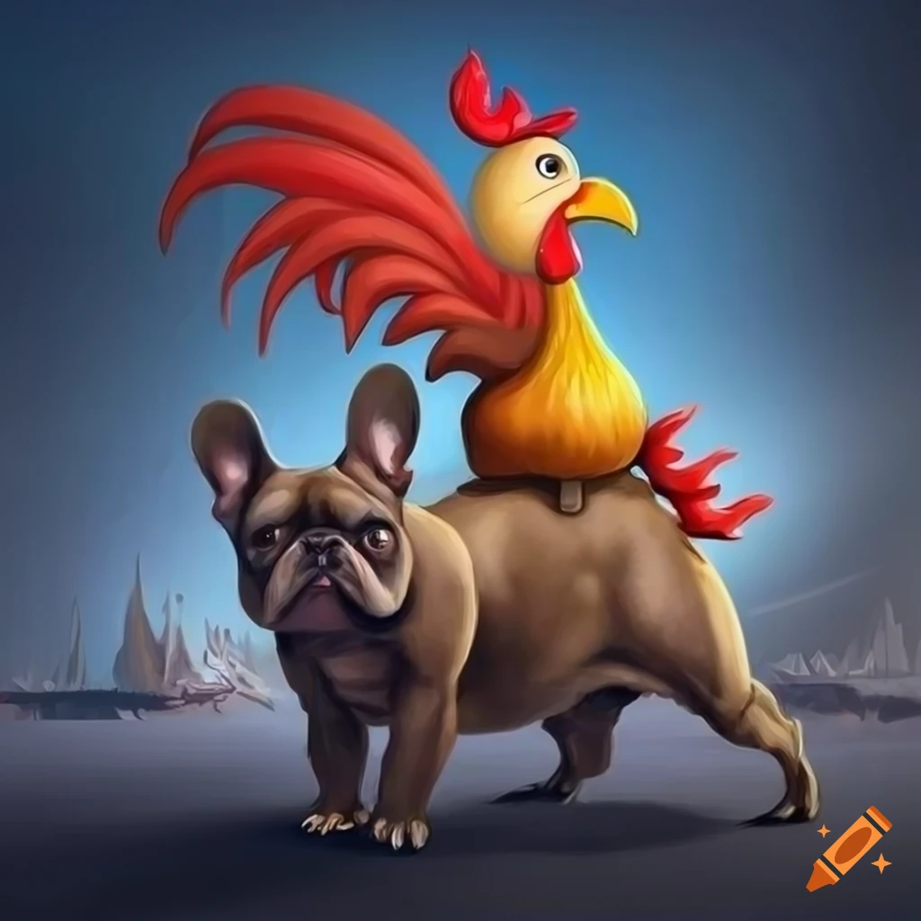 French bulldog riding giant rooster in a fantasy landscape on Craiyon