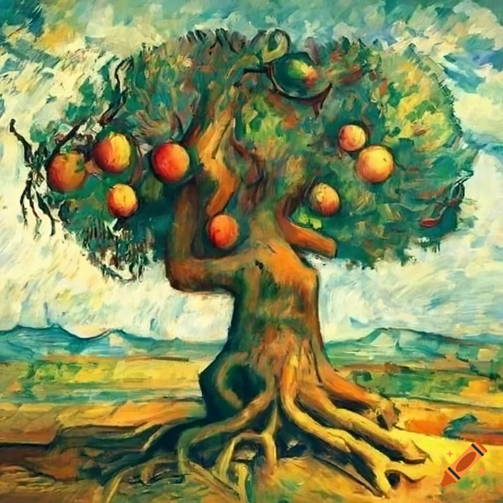 Surreal landscape of a giant fruit tree with sprawling roots in a post ...