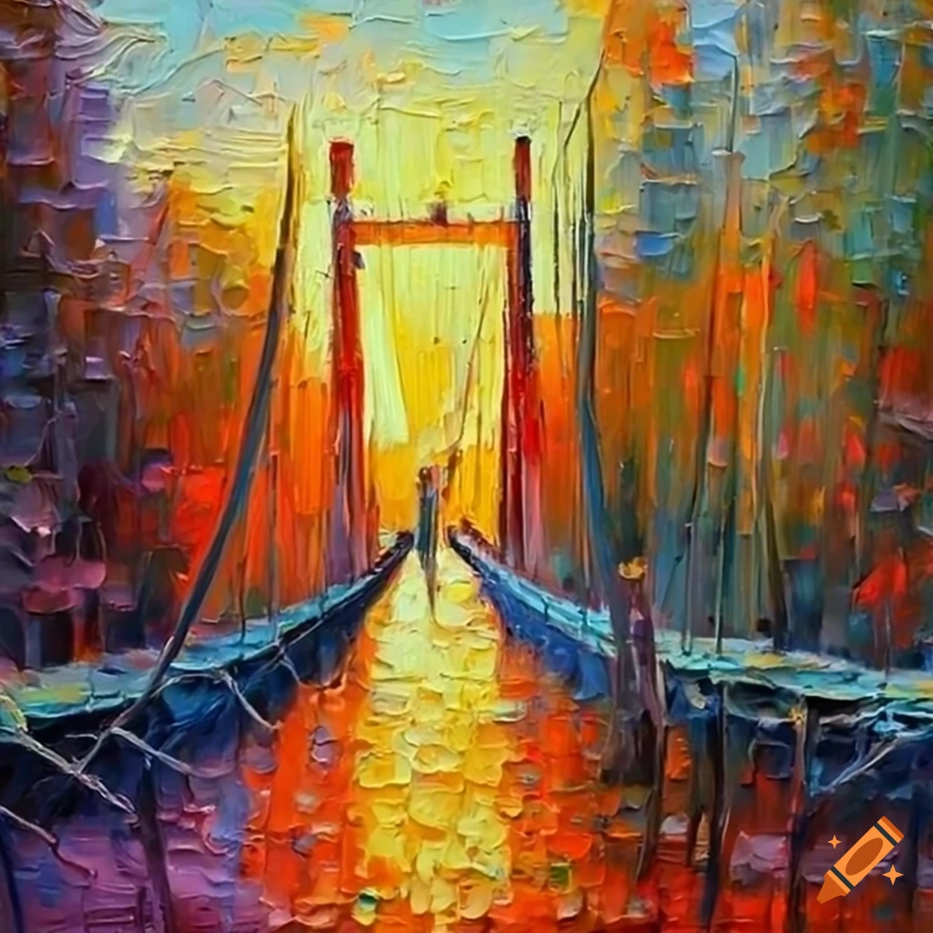 Impressionist oil painting of a suspension bridge with vivid colors and ...