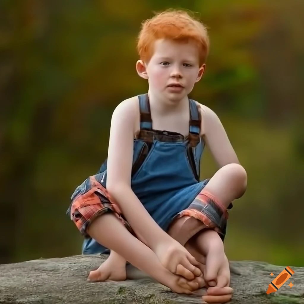 Redhead boy barefoot in overalls in the appalachian mountains on Craiyon