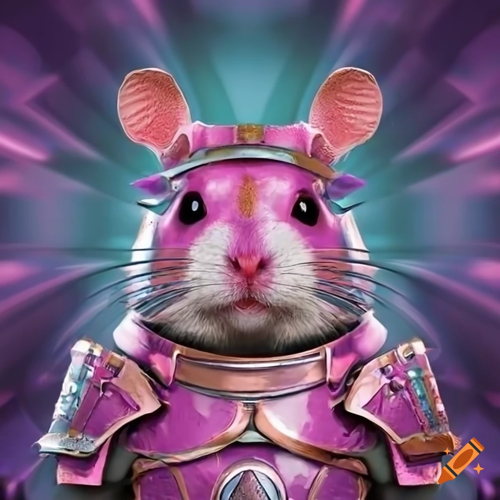 Pink hamster in 3D steel metallic armor against dramatic background on ...