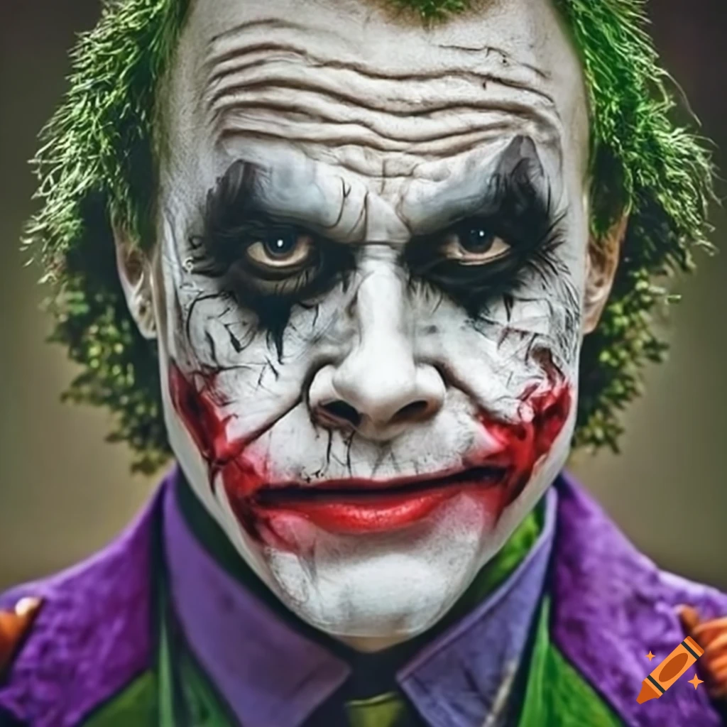 Close-up portrait of Heath Ledger as the Joker character on Craiyon