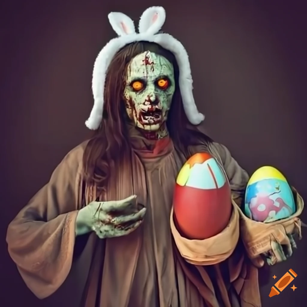 Zombie jesus with bunny ears holding easter eggs on Craiyon