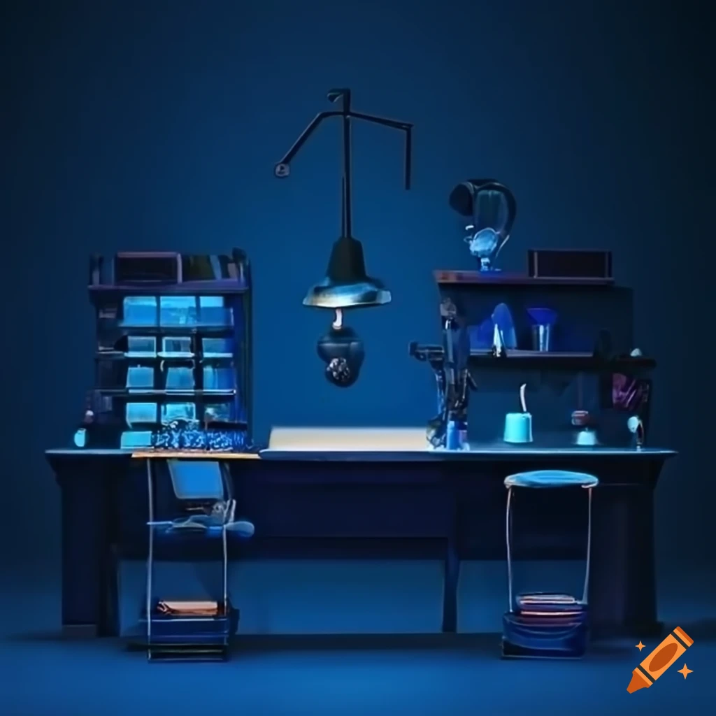Science workspace with lots of beakers in a dark blue room on Craiyon