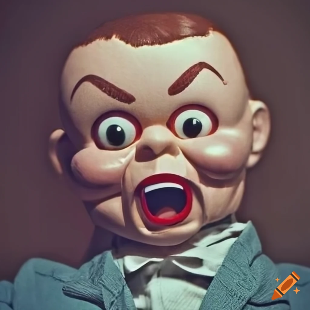 Angry ventriloquist doll screaming in retro colors on Craiyon