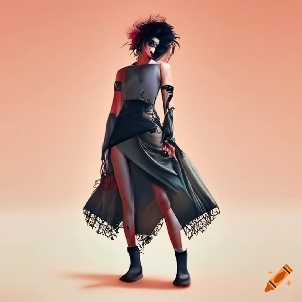 Lagenlook punk female character in a rebellious layered outfit on Craiyon