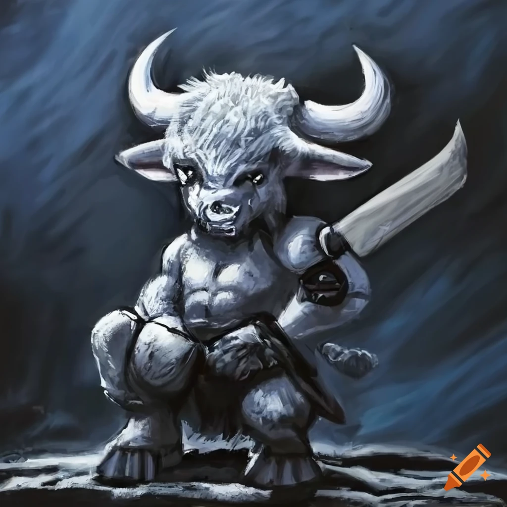 Cute minotaur child in a Simon Bisley art style charcoal drawing on Craiyon