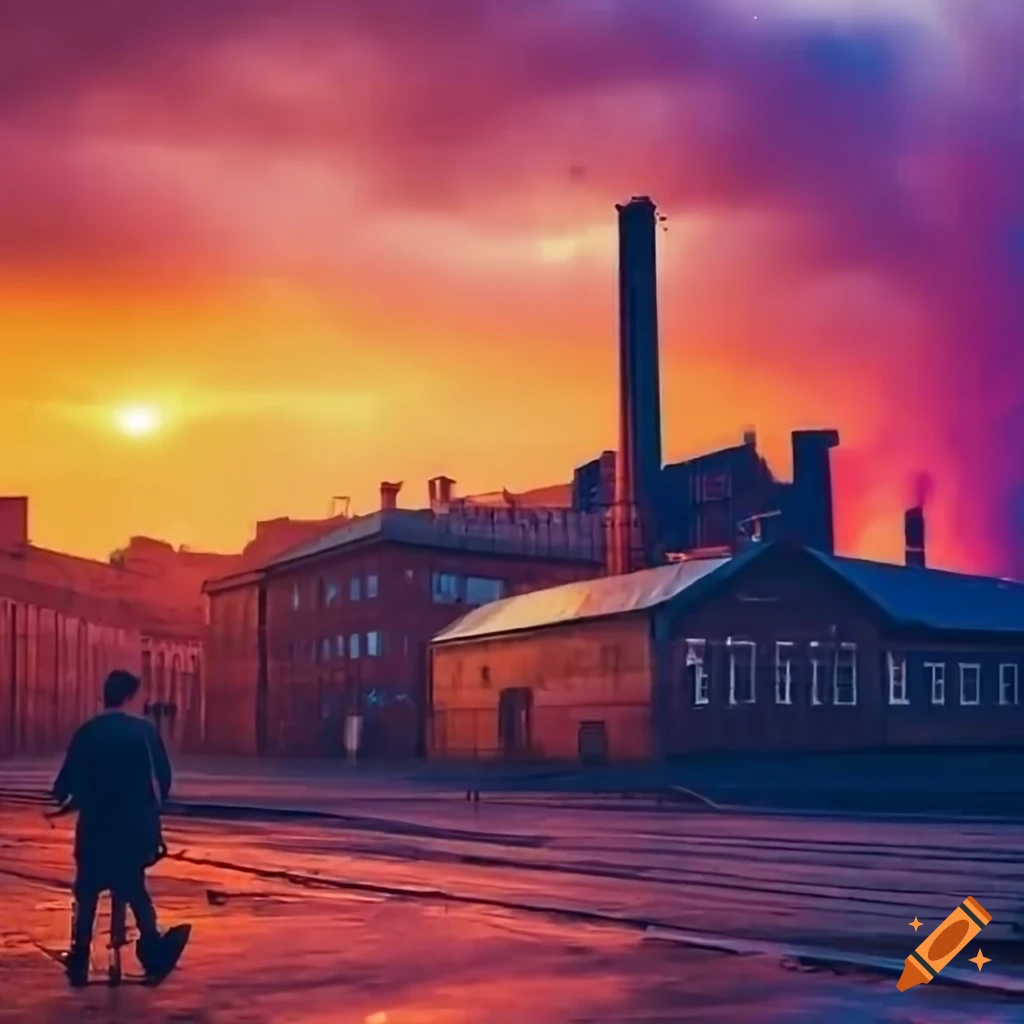 Workers leaving industrial factory at sunset with colorful city skyline ...