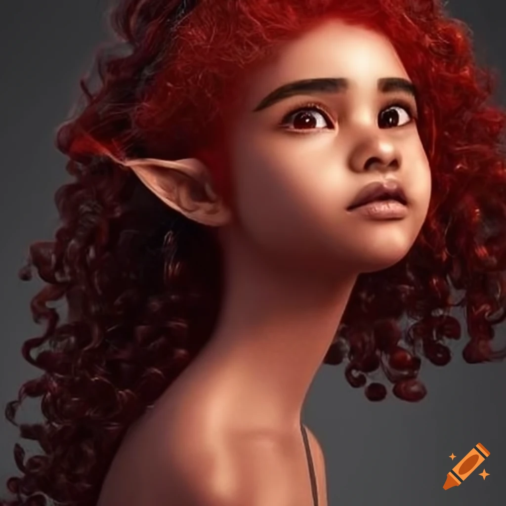 Brown-skinned indian elf girl with red curly hair on Craiyon