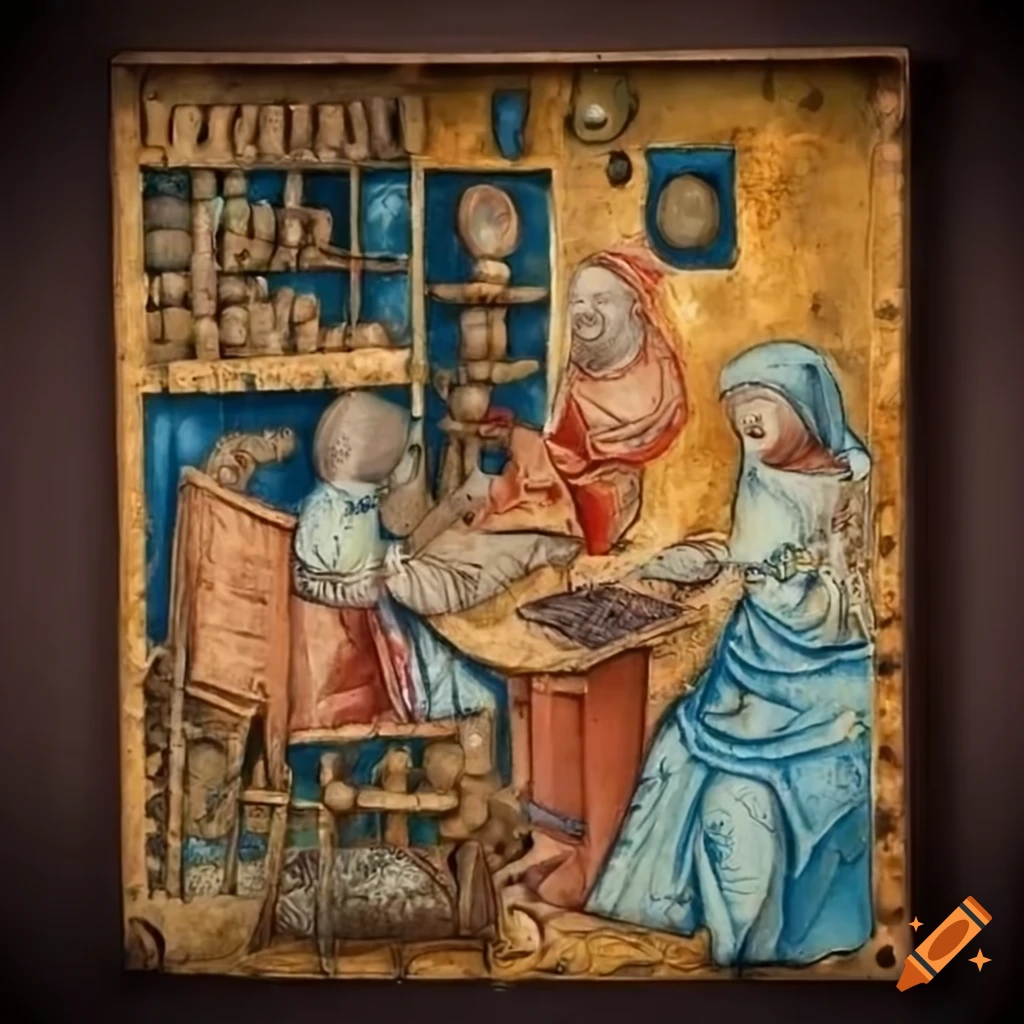 Medieval detailed patchwork painting of objects in a shop on Craiyon