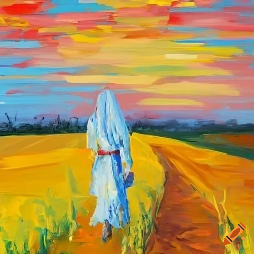 Woman in robe clothing in fields with a knife palette painting on Craiyon