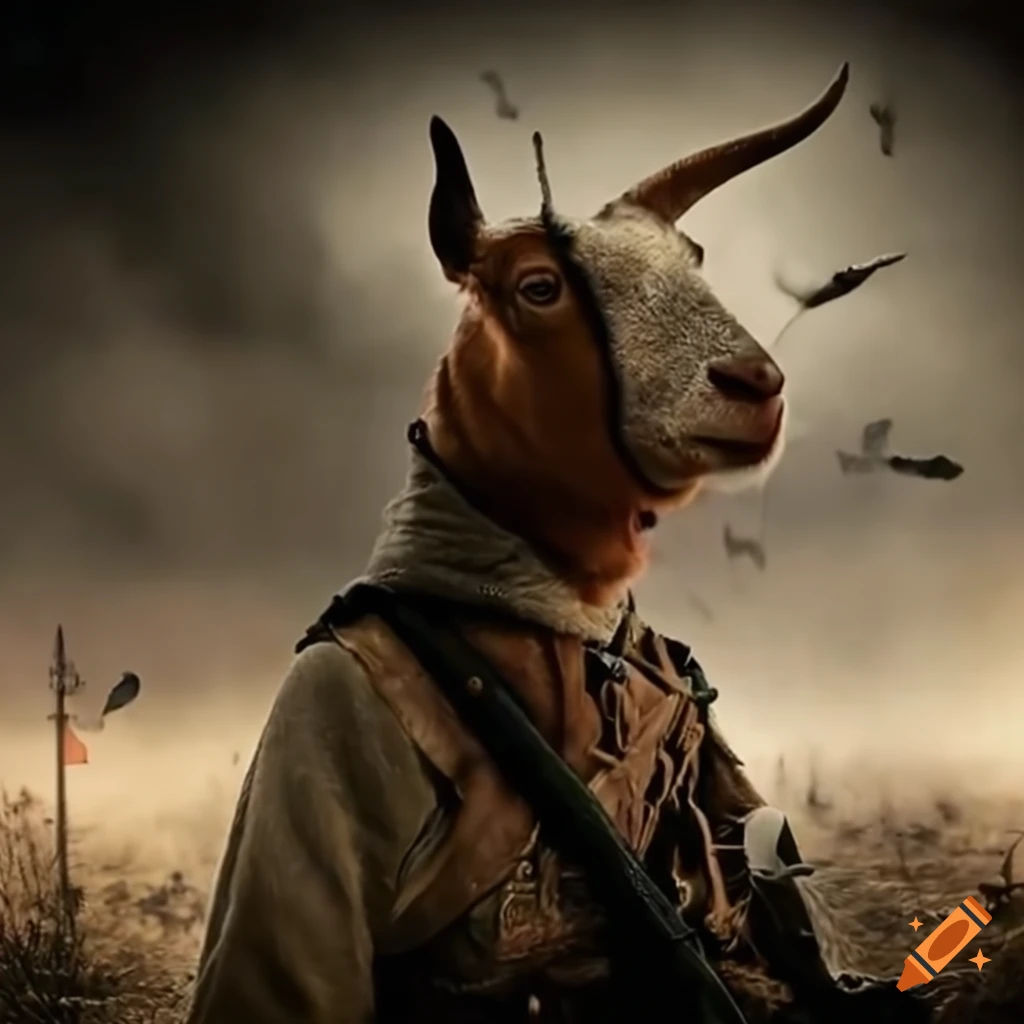 Goats dressed as soldiers in a battlefield on Craiyon