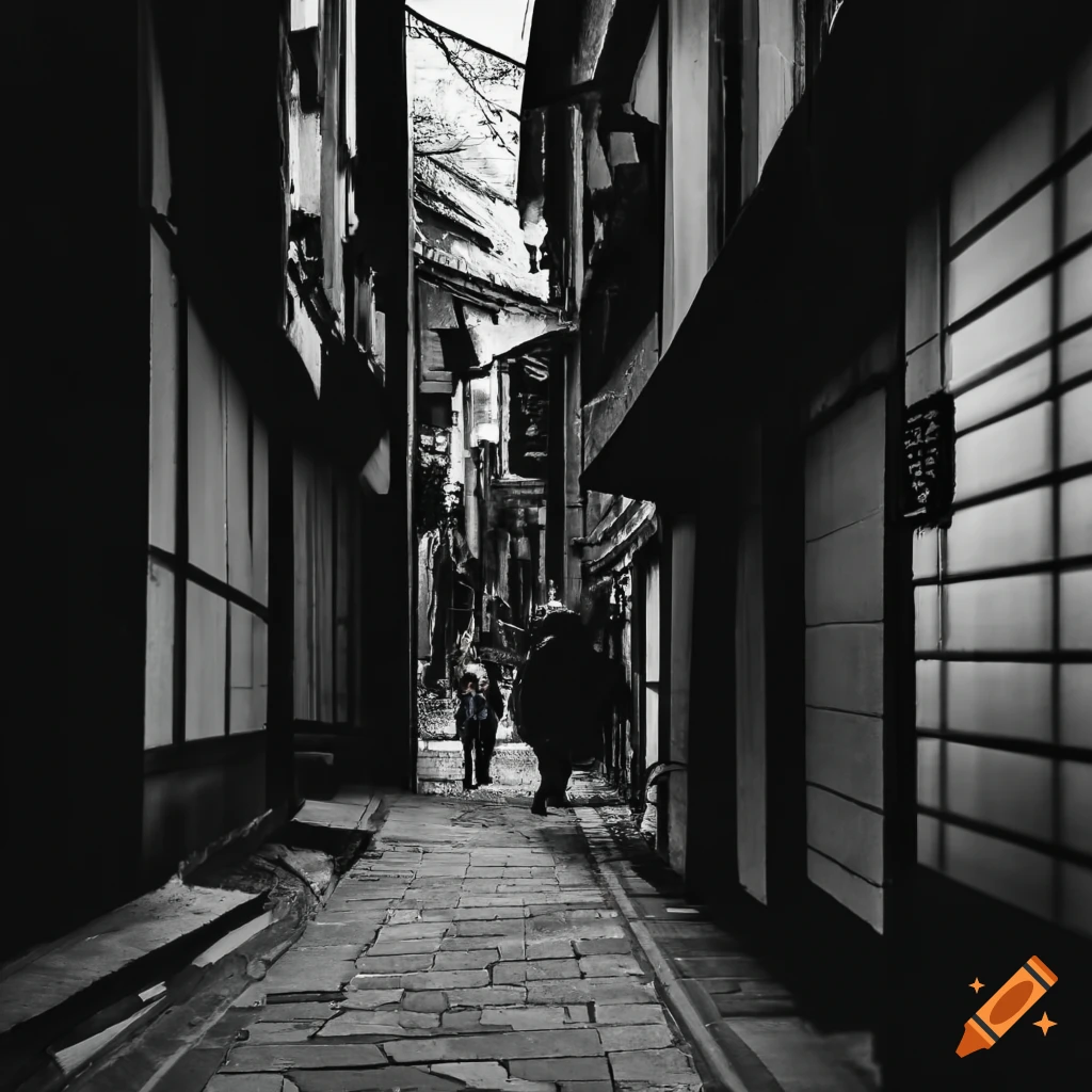 Dark lonely alley in Kyoto Gion with shadows in monochrome on Craiyon
