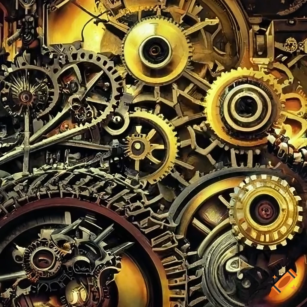 Close-up of intricately designed steampunk machine with twisted gears ...