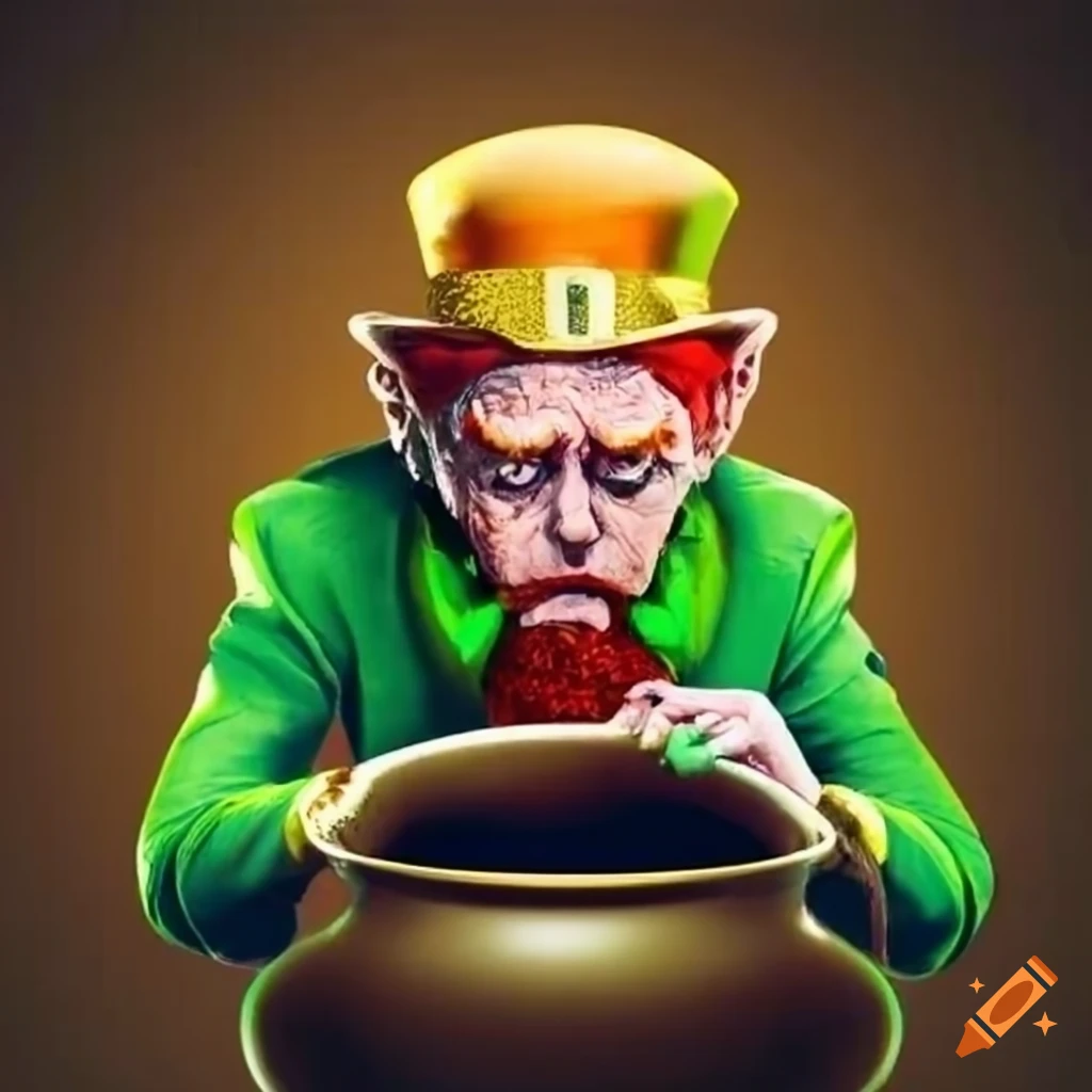 Sad leprechaun crying over empty pot of gold on Craiyon