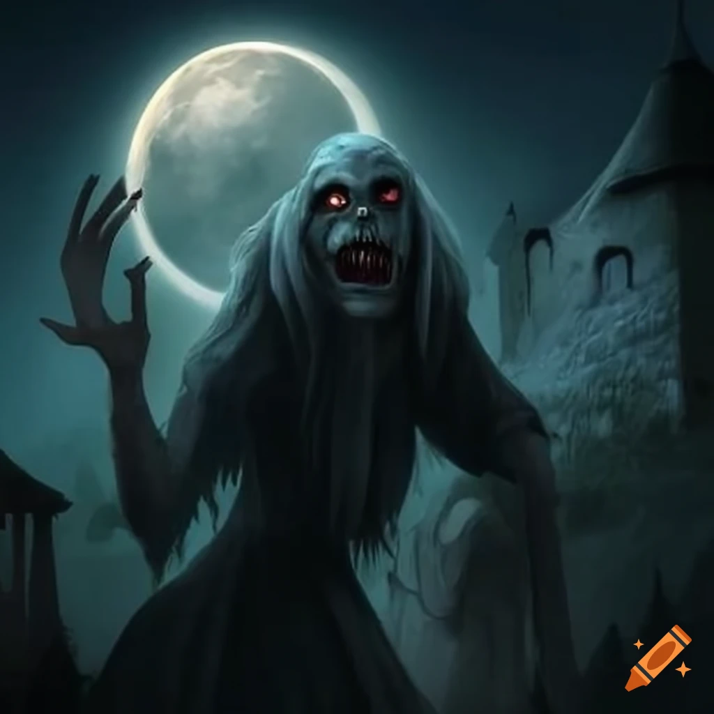 Ghouls roaming an ancient medieval village under moonlight on Craiyon