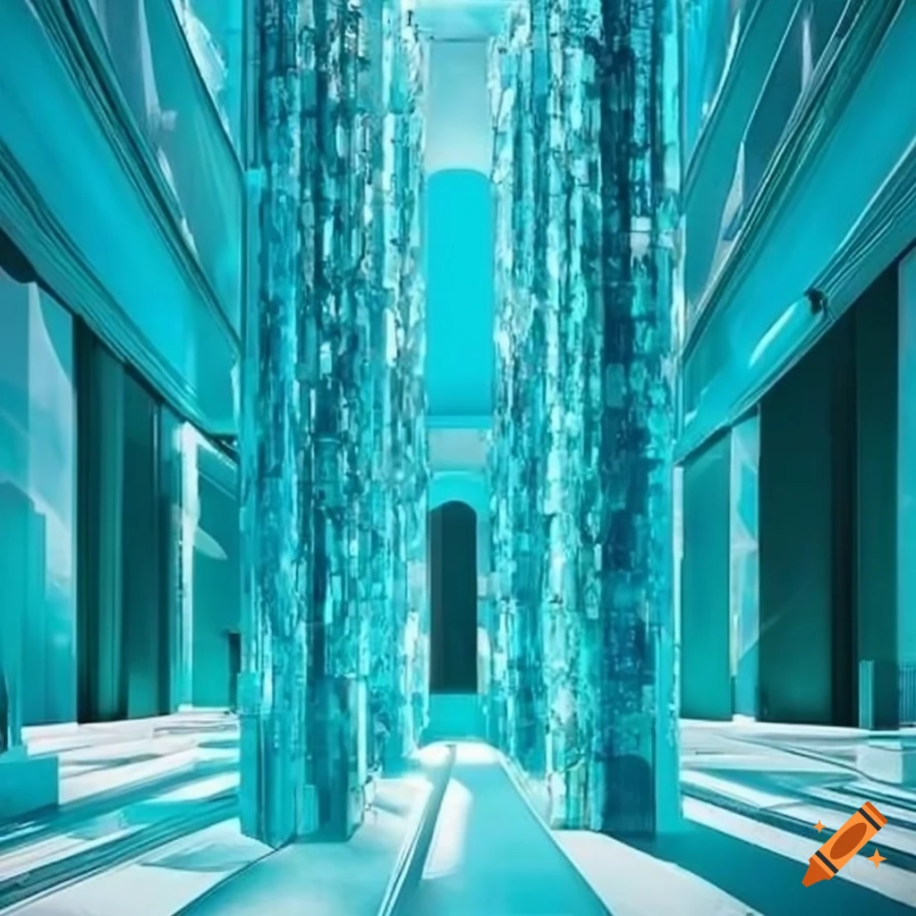 Architectural metropolis made of translucent turquoise crystals on Craiyon