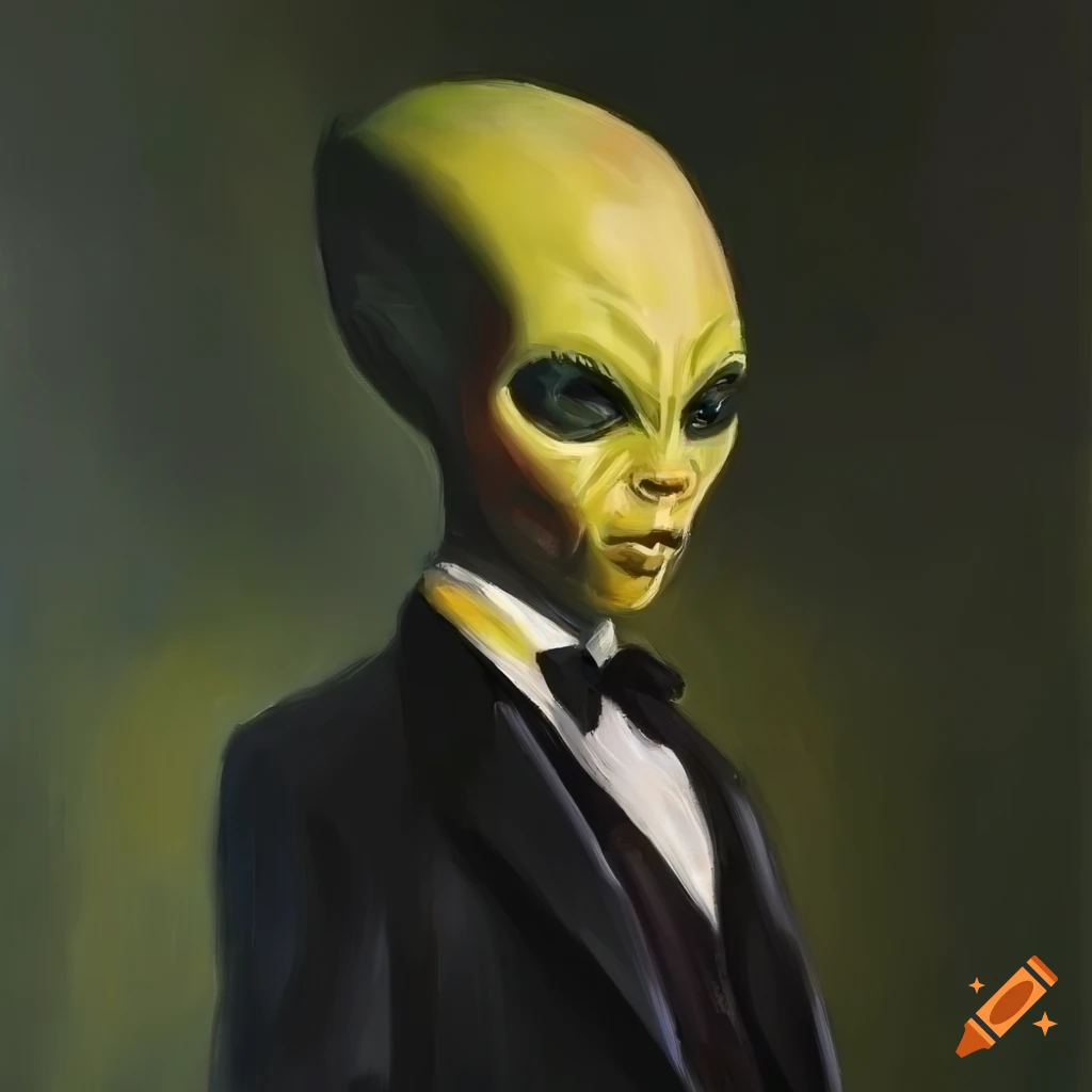 Alien in a tuxedo in an oil painting style on Craiyon