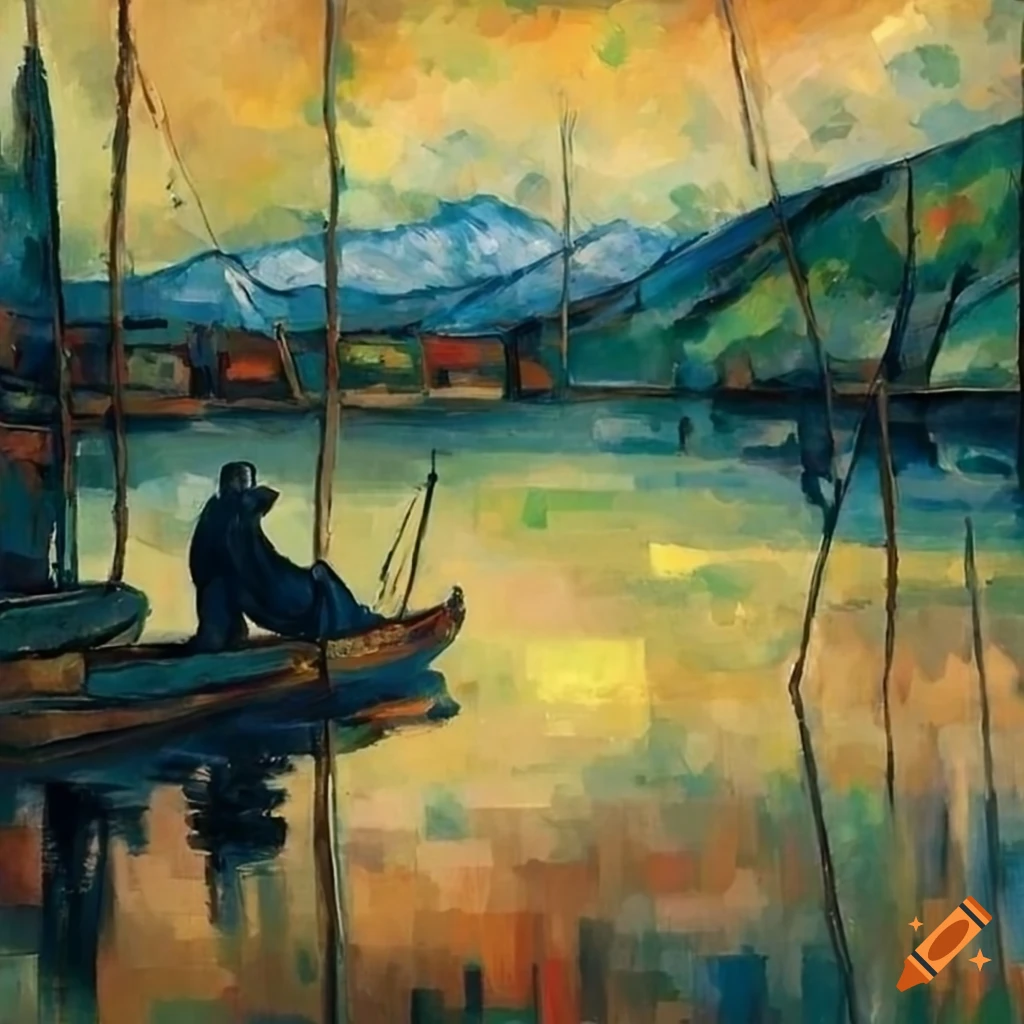 Tranquil Impressionist painting of fishermen at a reflective lake on ...