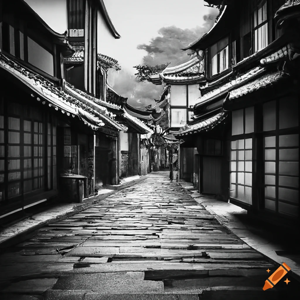 Feudal Japanese street in black and white on Craiyon
