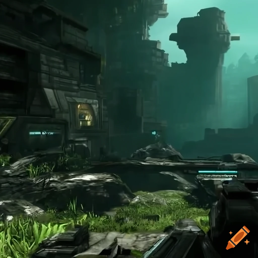 High-definition scene of unsc forces exploring an ancient forerunner ...