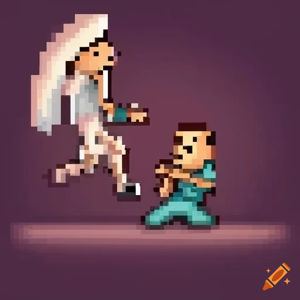 Pixelated art of a man battling an angel on Craiyon
