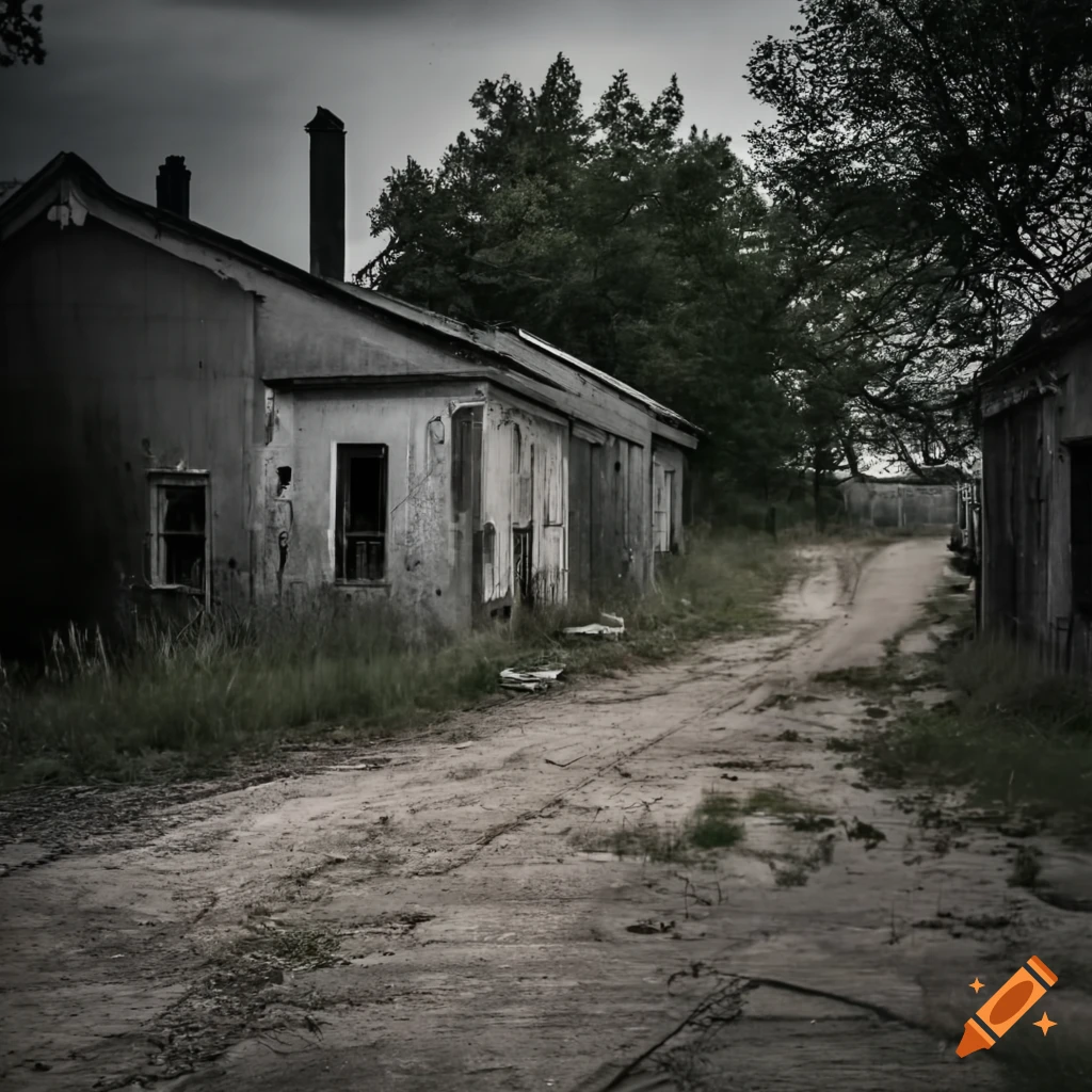 Abandoned light gray suburban city with scattered buildings and dirt ...