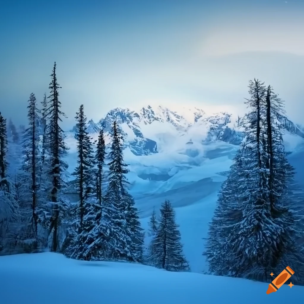 Boreal mountain landscape with snow-covered pine forest and various ...