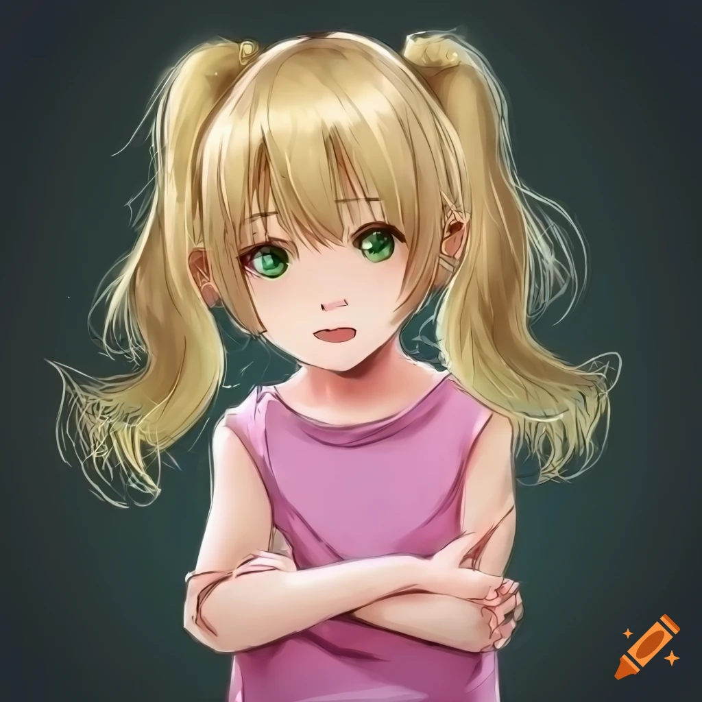 Blonde Anime Girl With Green Eyes Wearing A Pink Sleeveless T Shirt And Crossed Arms On Craiyon