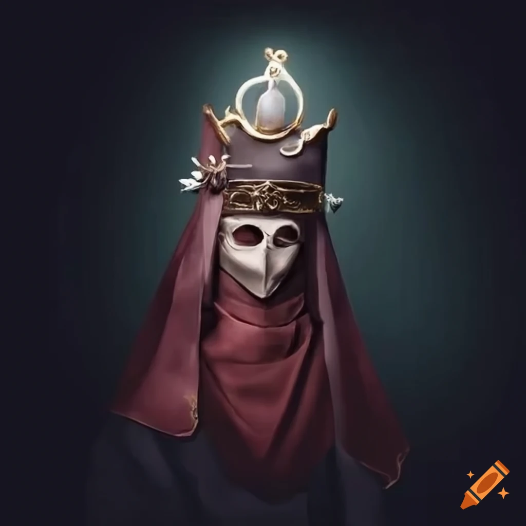 Masked figure in a robe adorned with charms and relics on Craiyon