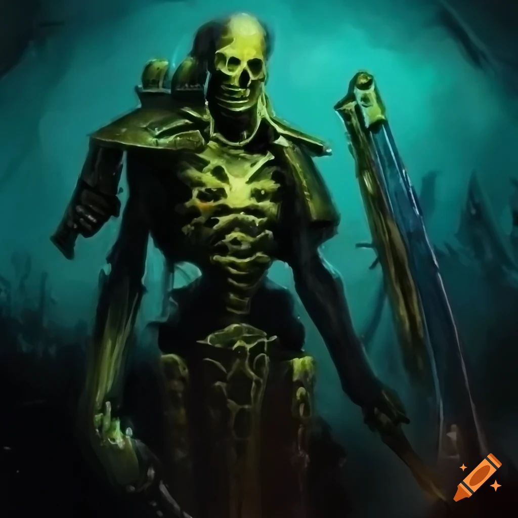 Skeleton warrior in a warhammer imperium of man setting on Craiyon